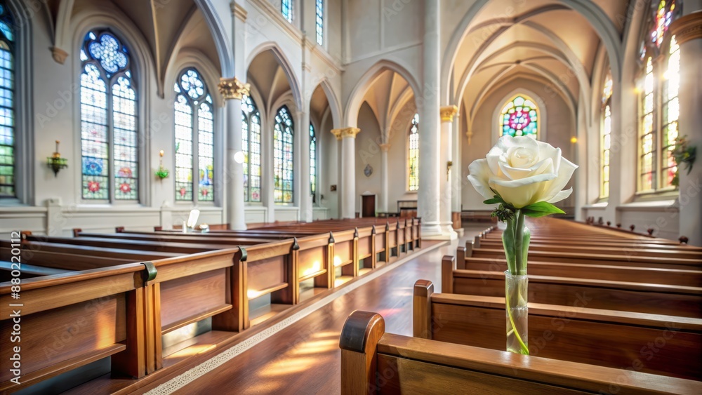 Elegant white church interior with ornate pews, stained glass window ...