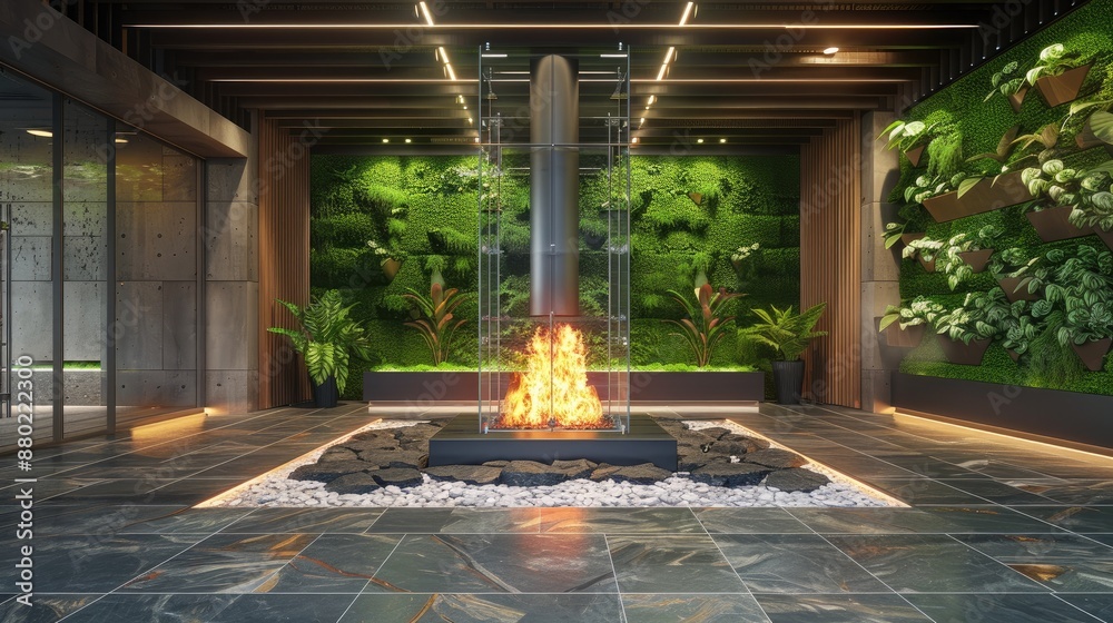 A modern office lobby with a central, glass-encased fireplace, flanked ...