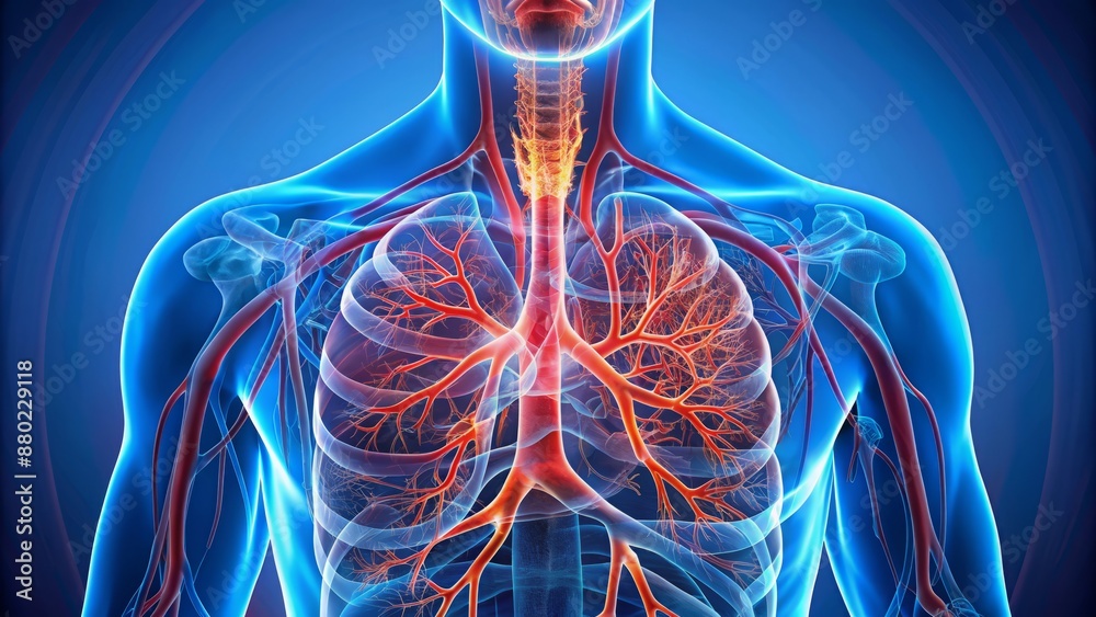 Detailed illustration of human lungs anatomy showing bronchi trachea ...