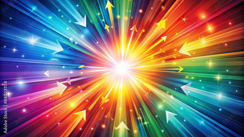 Vibrant colorful background with dynamic arrows and radiant rays ...