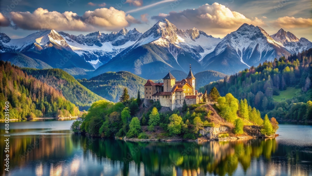 Majestic medieval castle sits atop a rolling hill overlooking serene ...