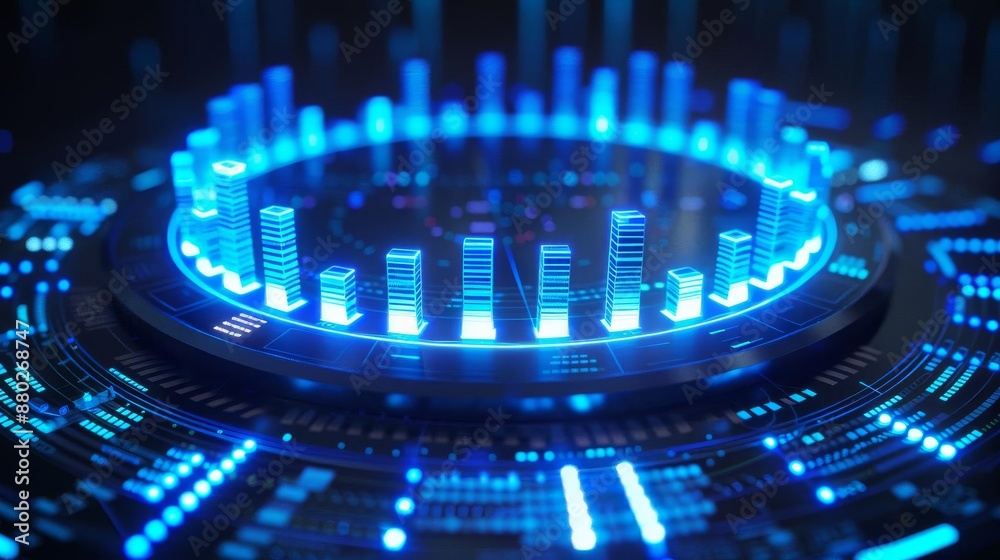 Data visualization featuring a glowing blue circular chart with ...