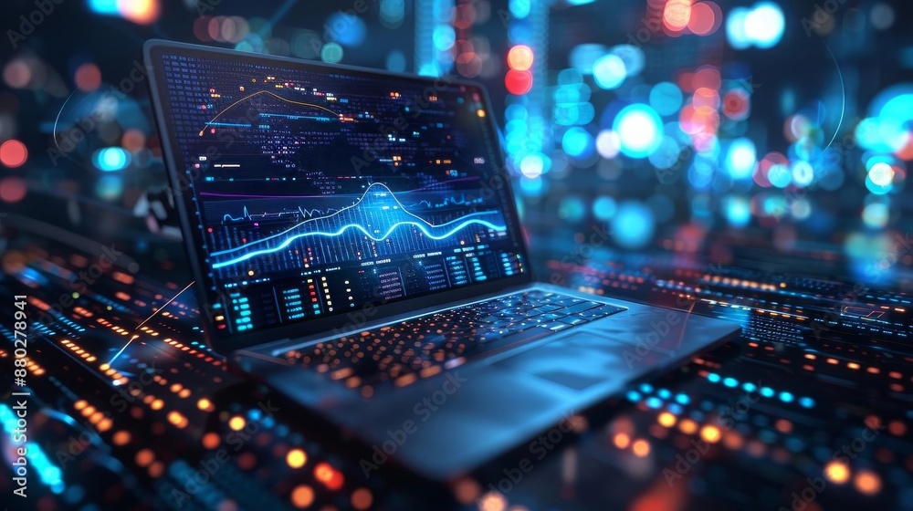 Digital interface featuring a holographic laptop with glowing blue 3D ...