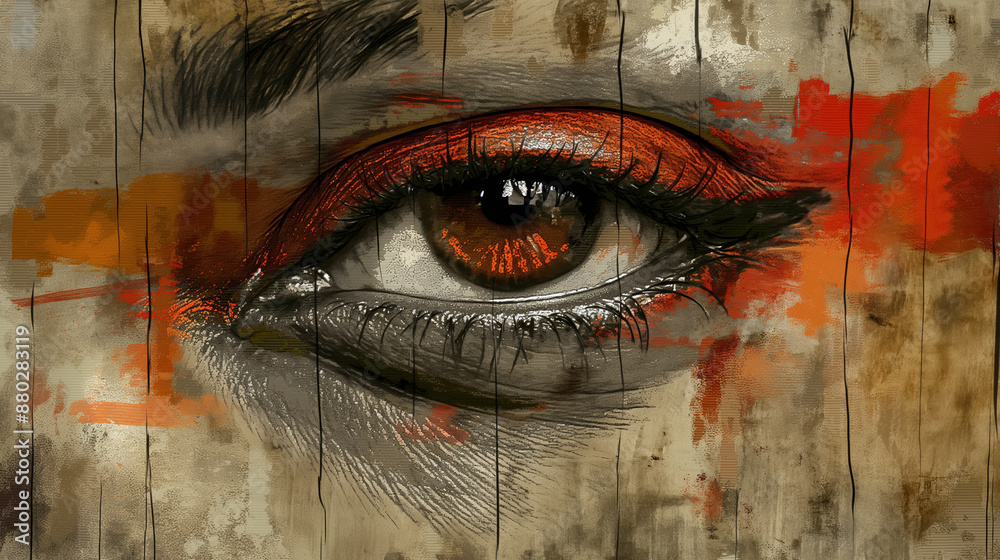 Artistic painting of a human eye with red and orange accents, conveying ...