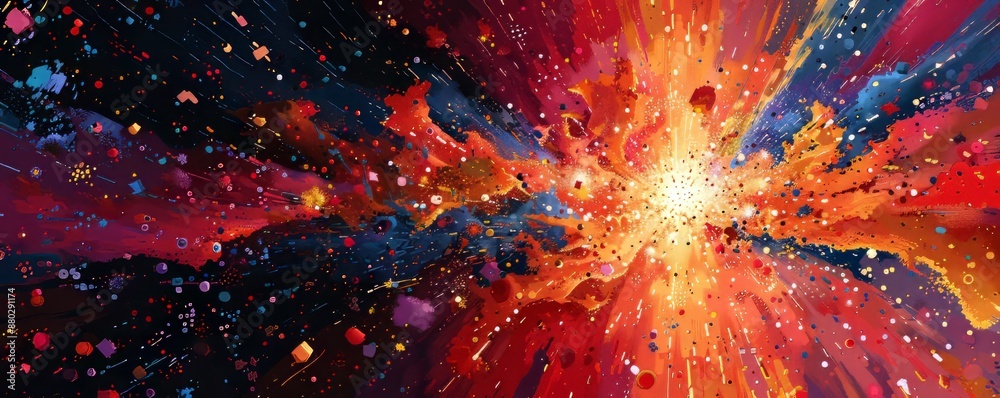 A pixel art representation of a chaotic explosion of pixelated abstract ...