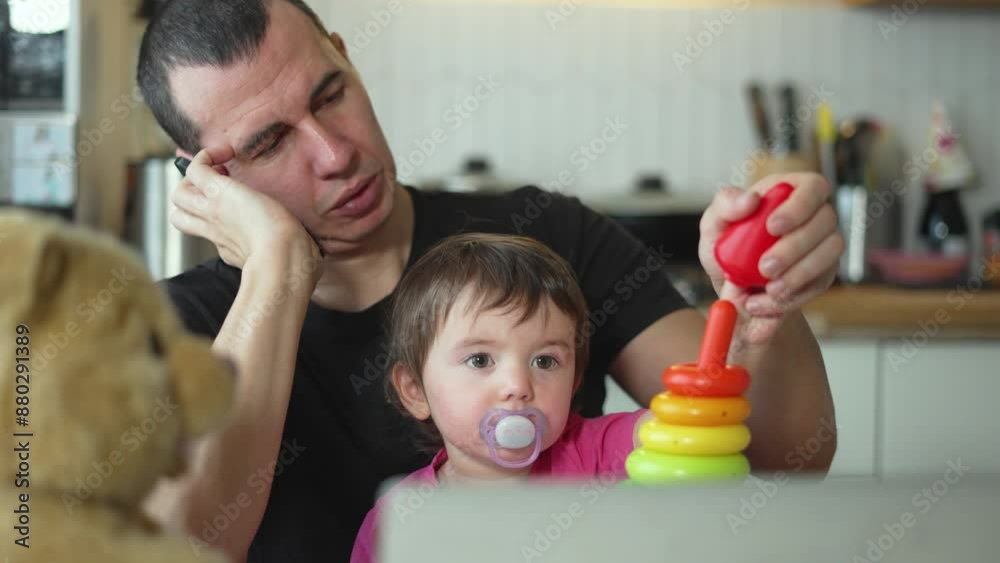 Father child unite behind laptop combining work and spending time with ...