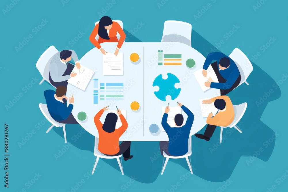 Overhead view employees at roundtable meeting, sharing project updates ...