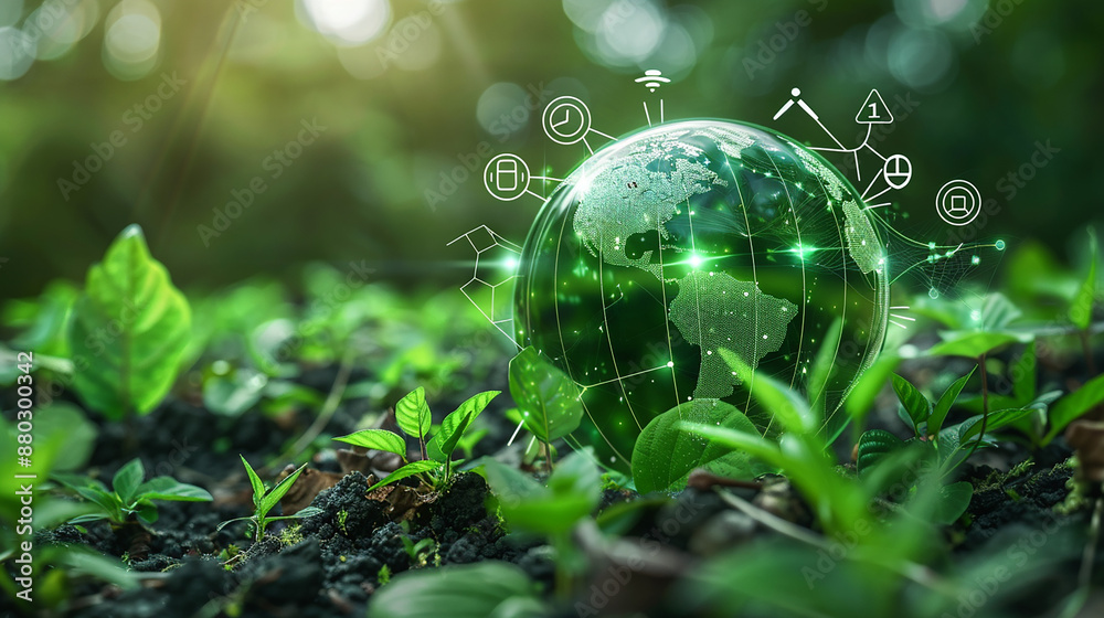 A digital globe with green pathways and renewable energy icons ...