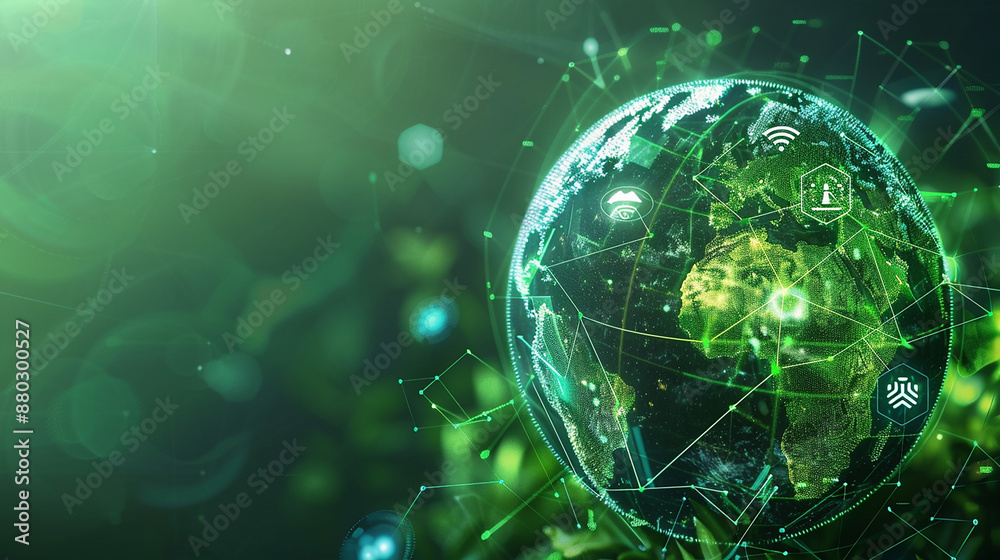A digital globe with green pathways and renewable energy icons ...