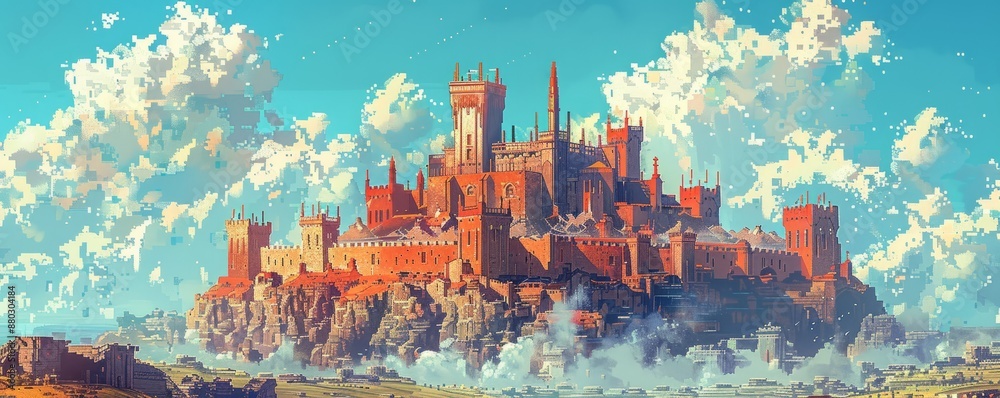 A pixel art rendition of a majestic castle perched atop a hill, its ...