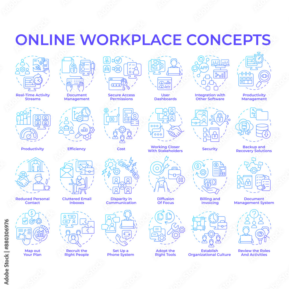 Online workplace blue gradient concept icons. Managing online work ...