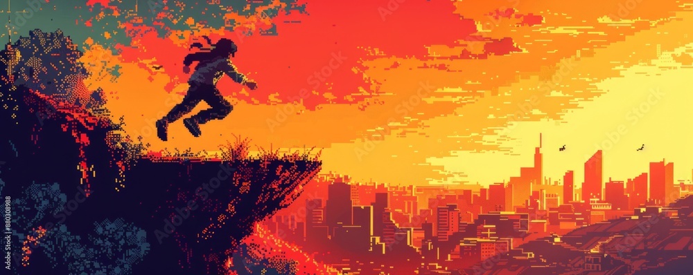 A pixel art illustration of a video game character jumping and running ...