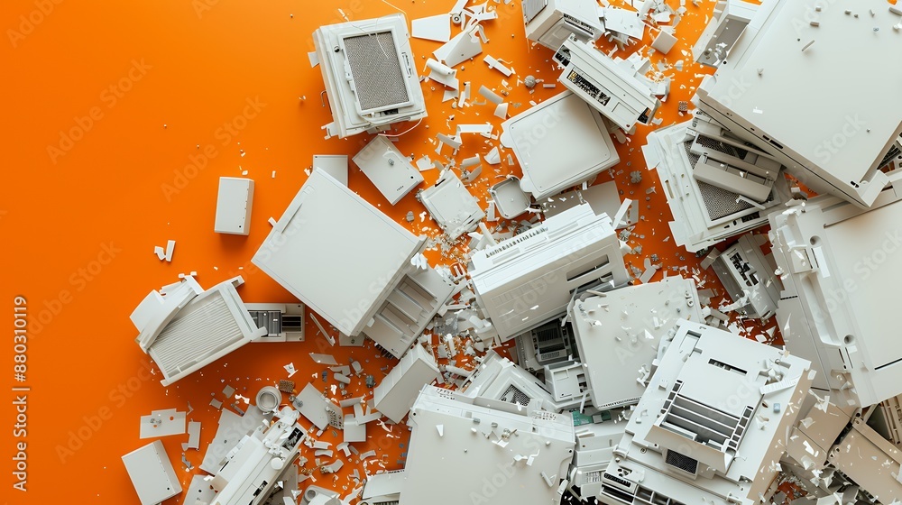 White plastic model parts of old computers and photo film pile on an ...