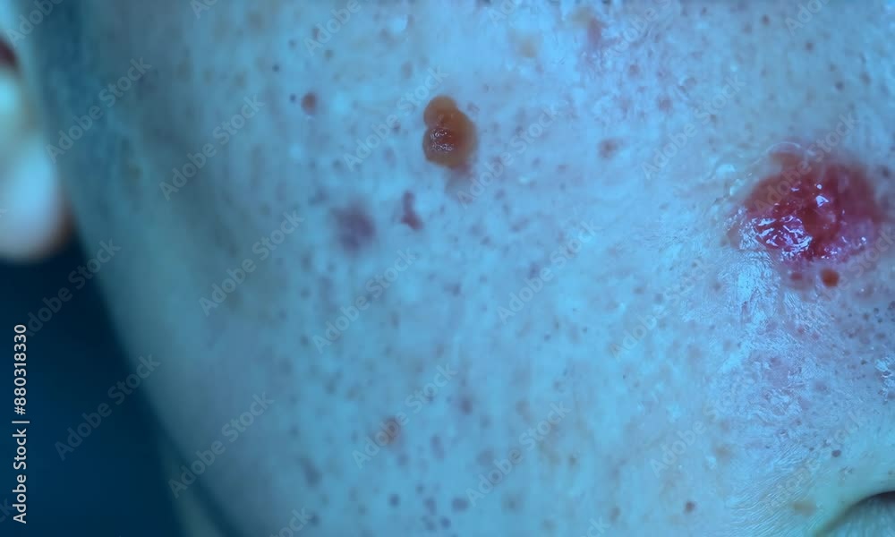 A woman's face has a red rash on it. The rash is on her cheek and nose ...