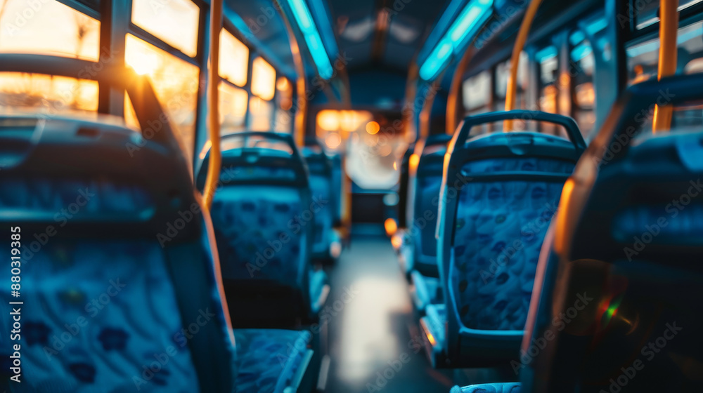 Empty bus seats, ready for passengers on public transportation journey ...