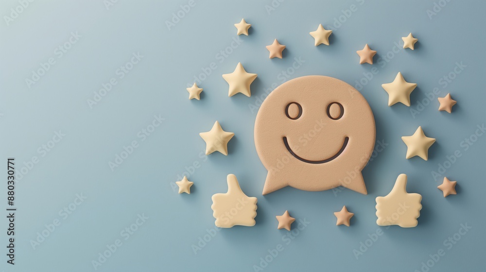 Smiley face surrounded by positive symbols, thumbs-up gestures, stars ...