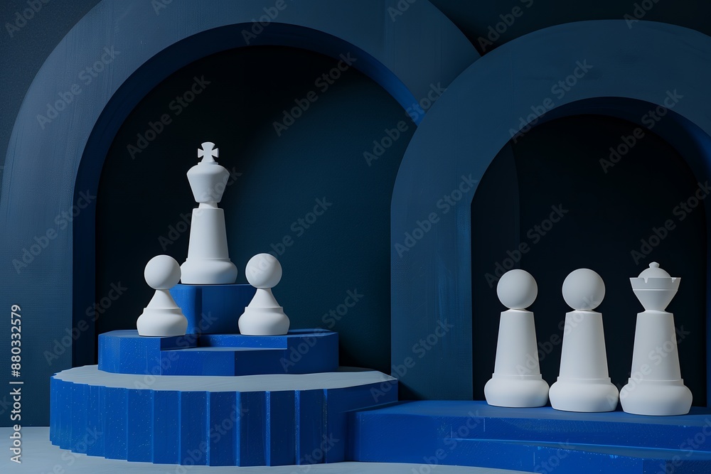 Minimalist stage design with white chess pawns and blue arches on dark ...