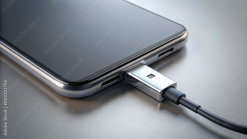 Sleek smartphone with modern USB Type-C connector lies on a minimalist ...