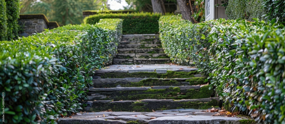 Stone steps in a garden slope lined with hedges leading to a house ...