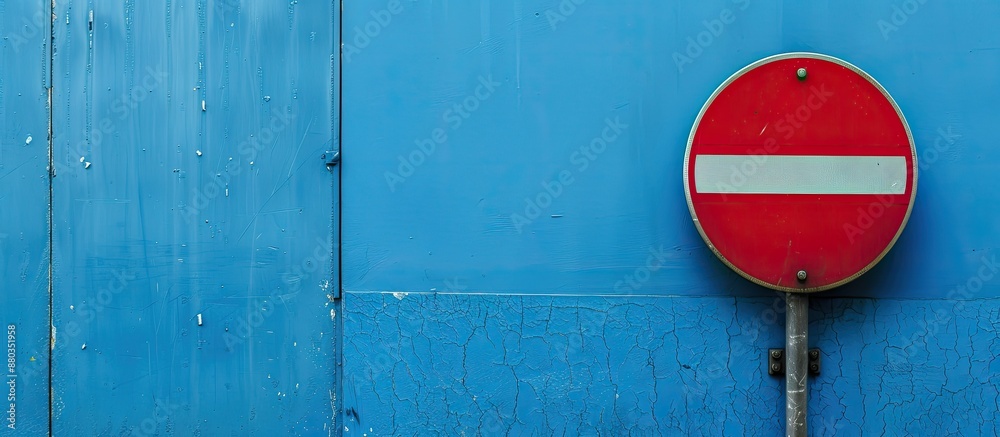 Blue background road sign with no entry symbol including copy space ...