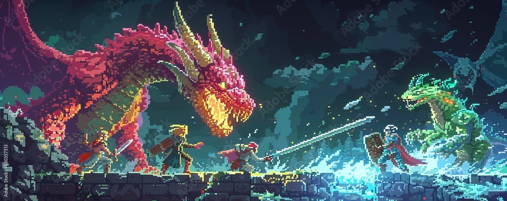 A pixel art rendition of a group of pixelated adventurers battling a ...