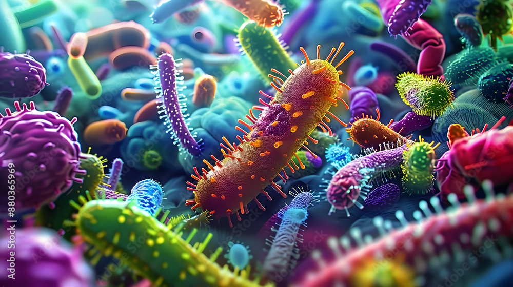 Vibrant 3D scientific illustration of Escherichia coli and various ...
