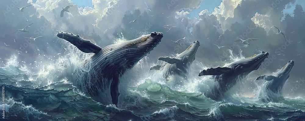 A pod of whales breaching the surface of the ocean, their massive ...
