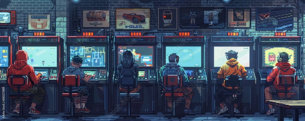 A pixel art rendition of a pixelated video game competition, with ...