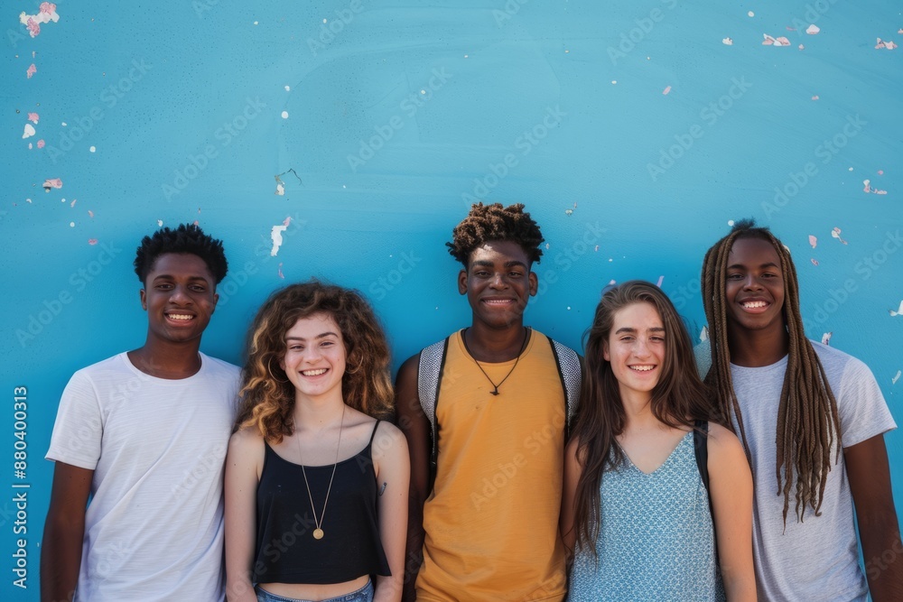 College students of different races stand together on a blue wall - a ...