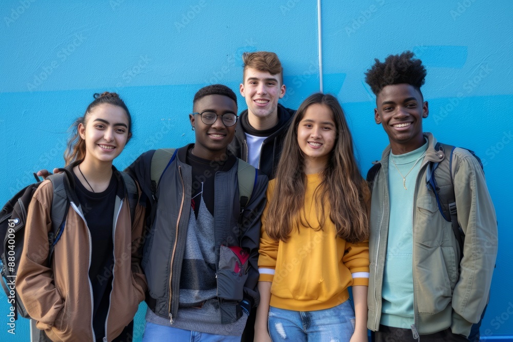 College students of different races stand together on a blue wall - a ...