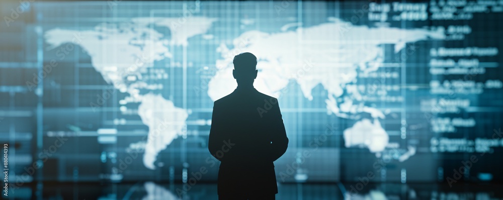 Silhouette of a manager tracking shipments on a large digital map, with ...