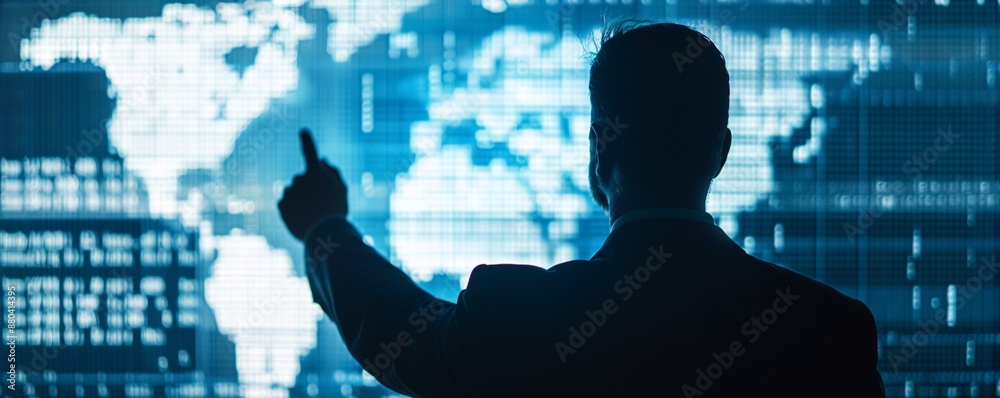 Silhouette of a manager tracking shipments on a large digital map, with ...