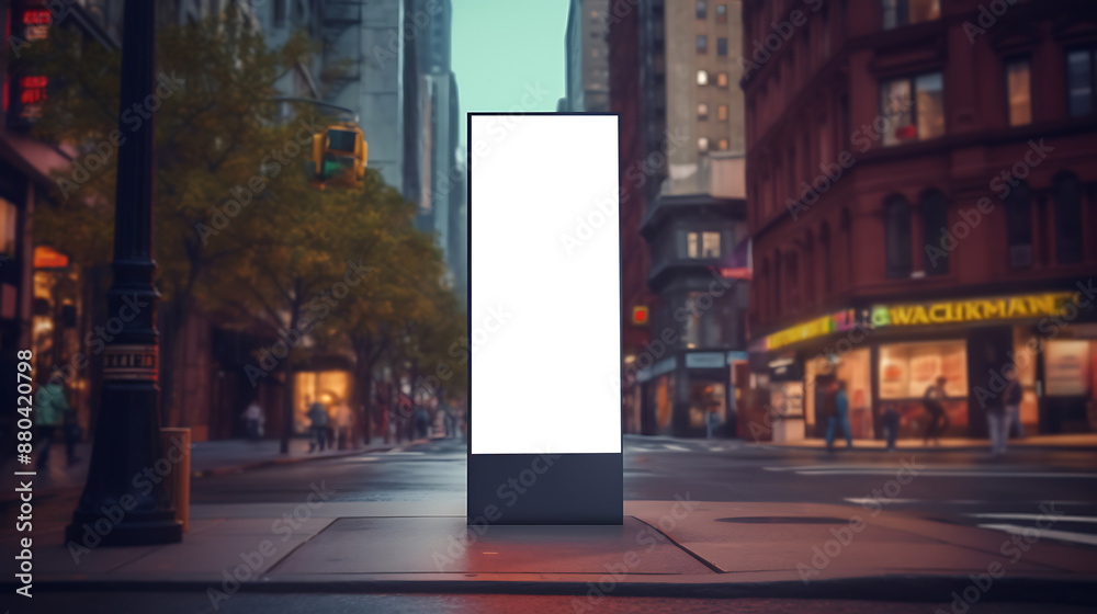 Long vertical blank white billboard screen in the street corner, Bus ...