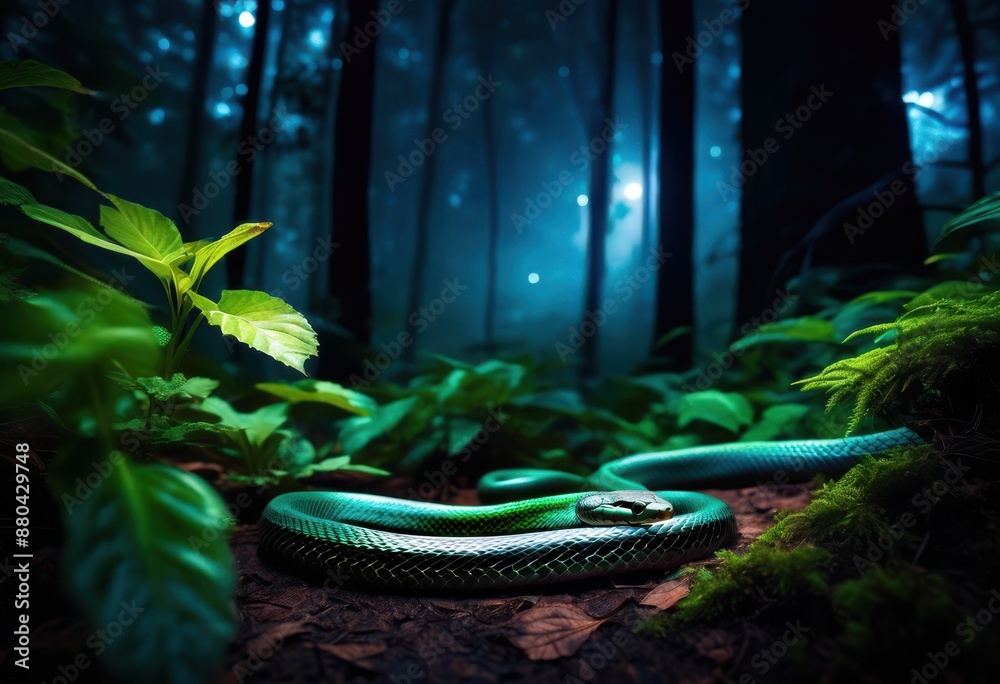 curious snake roaming through enchanted moonlit forest, reptile ...