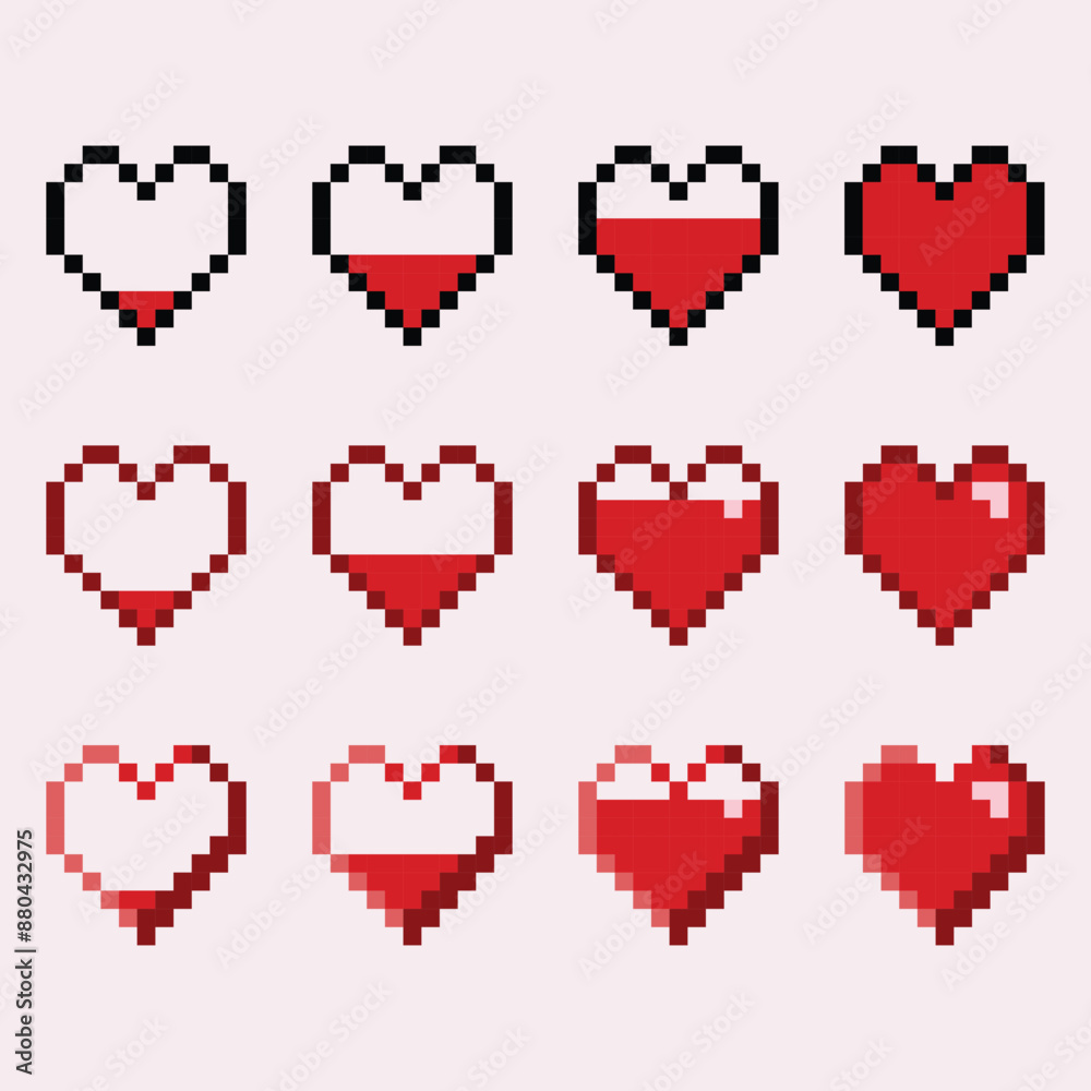Vector isolated pixel game heart life bar icon symbol set. Gaming ...