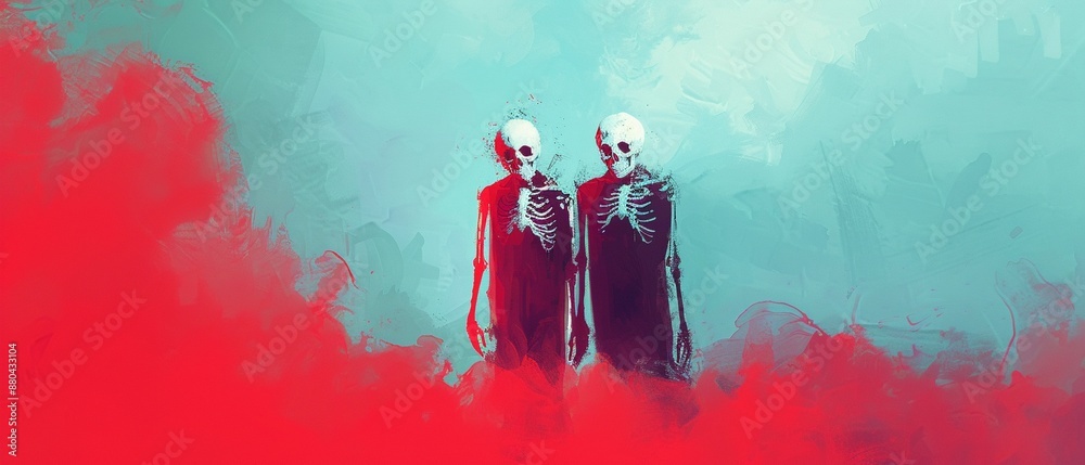 Skeletal figures in macabre scene, unnerving details, spectral glow ...