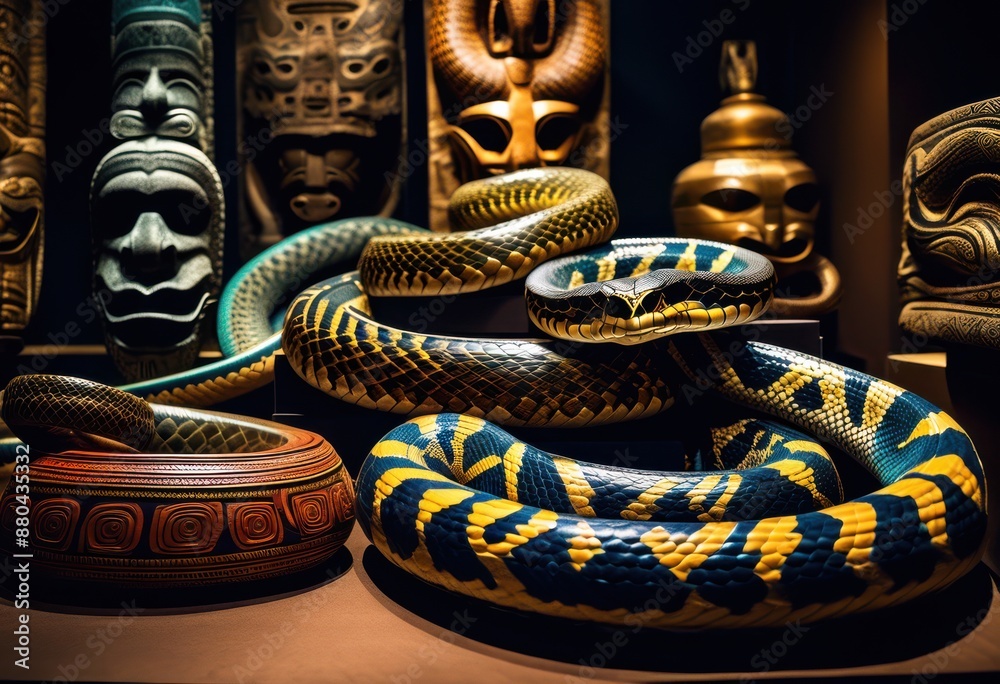 sinuous snake among ancient tribal masks dark museum setting, artifacts ...