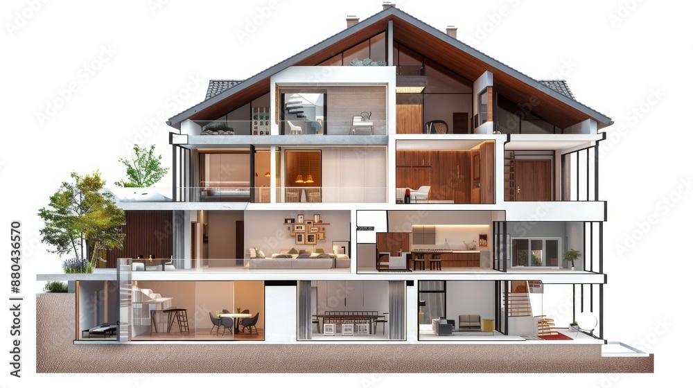 House interior with furniture in cut, Private mansion floors plan ...