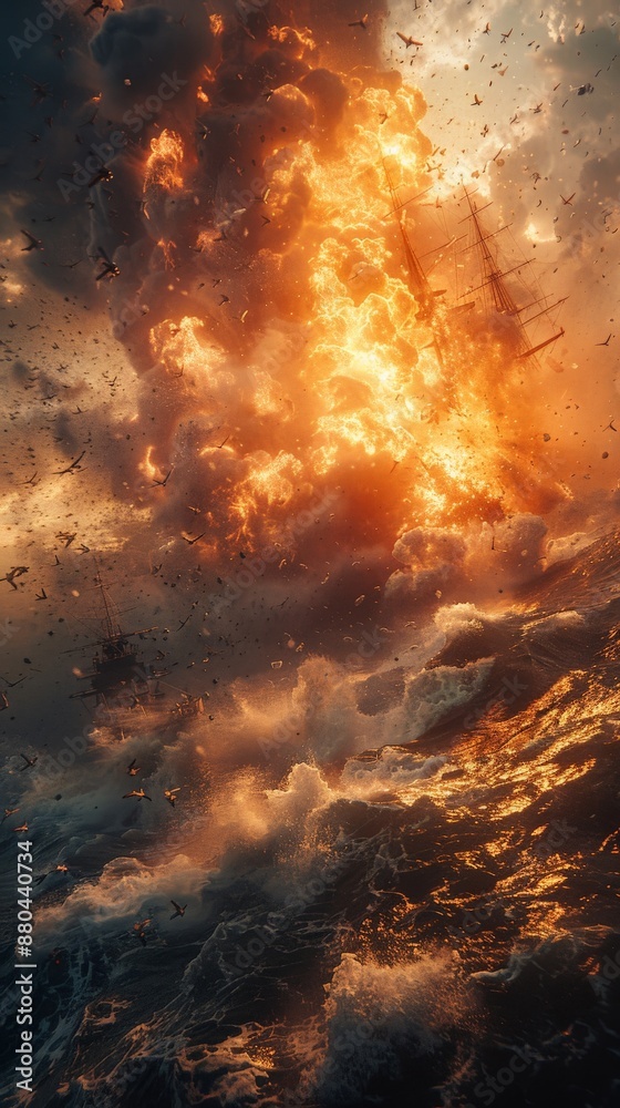 A dramatic scene during the Battle of Okinawa, capturing the moment a ...