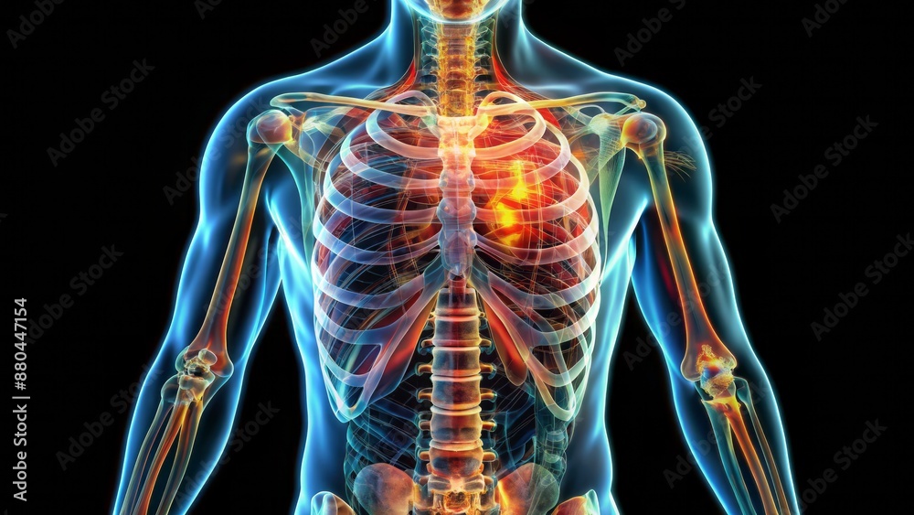 Detailed X-ray image of human torso showing skeletal and organ systems ...