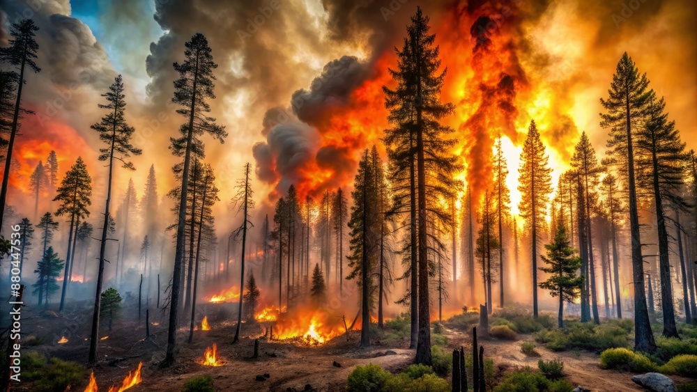 A sprawling, ravaged forest landscape consumed by raging flames ...