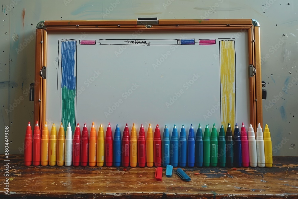 Blank Whiteboard with Markers: A clean whiteboard with various colored ...
