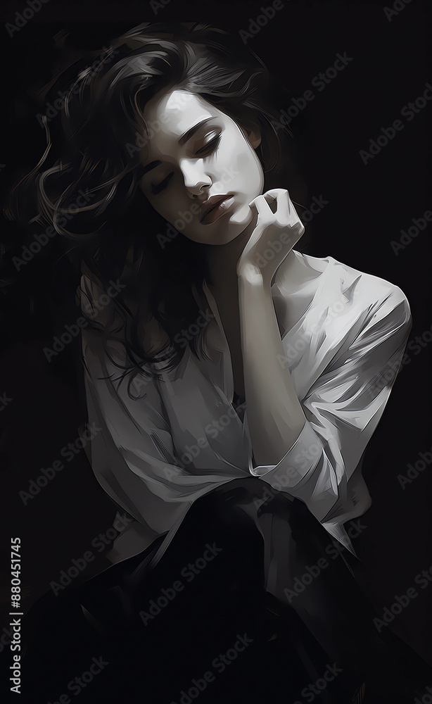 Black and white illustration of a contemplative woman, capturing a mood ...