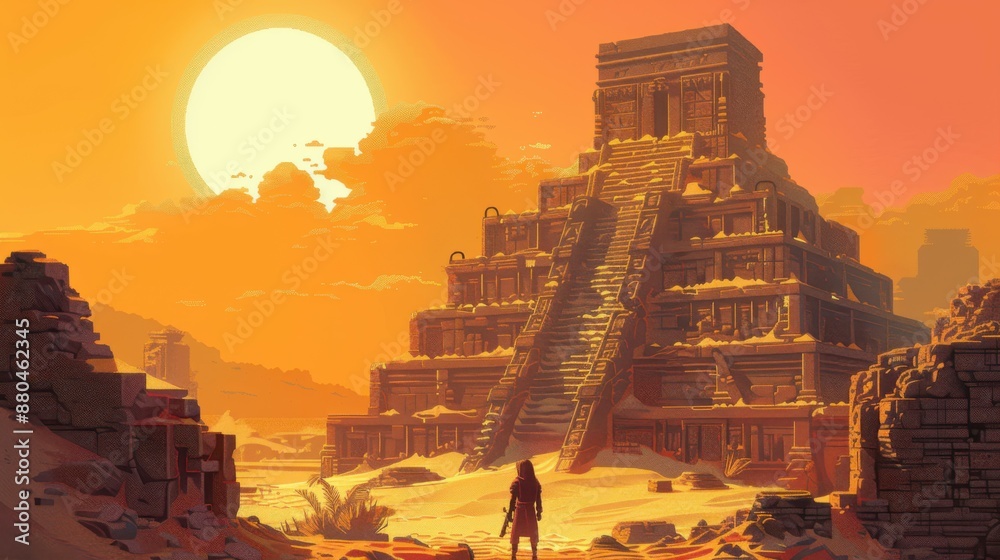 A 90s video game-inspired adventure scene with an archaeologist in a ...