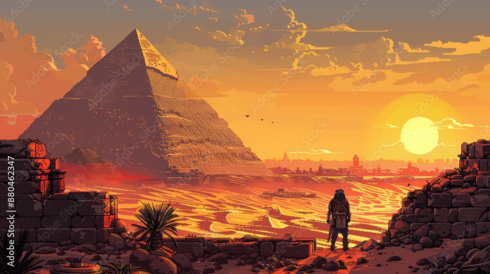 A 90s video game-inspired adventure scene with an archaeologist in a ...