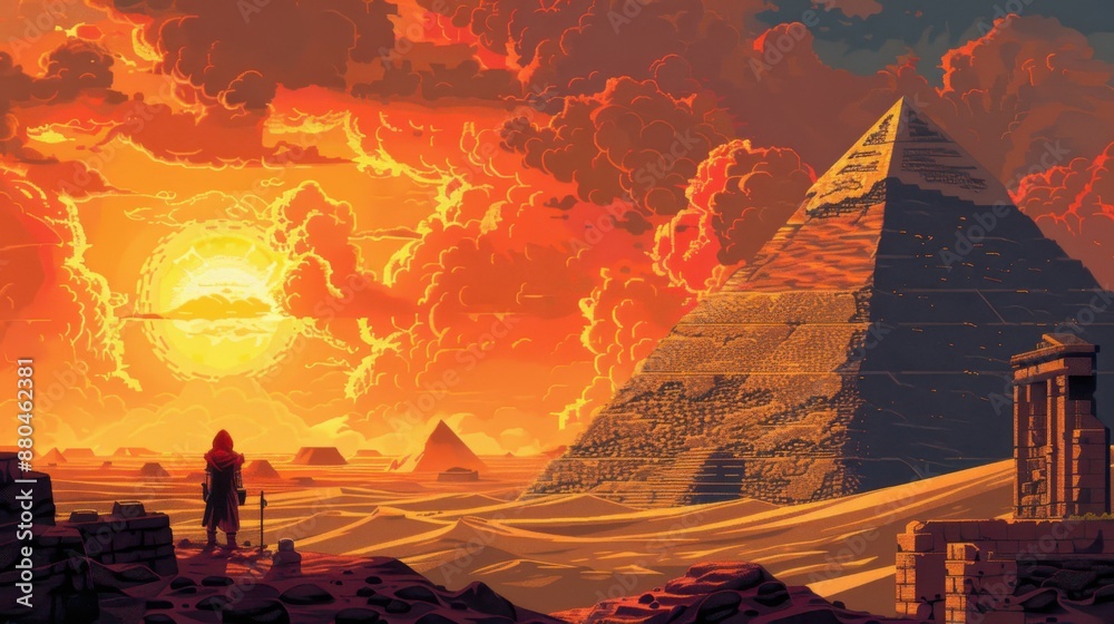 A 90s video game-inspired adventure scene with an archaeologist in a ...