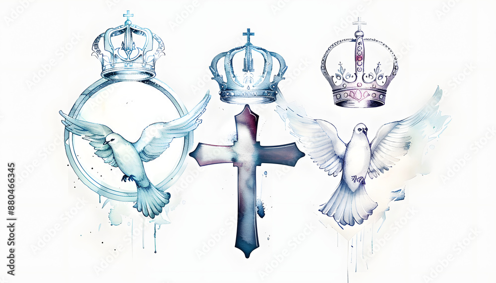 Holy Trinity symbols. Cross, crown and dove of Holy Spirit. Watercolor ...