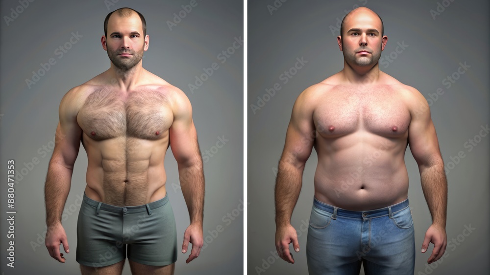 Split-screen 3D illustration comparing normal male body shape with ...