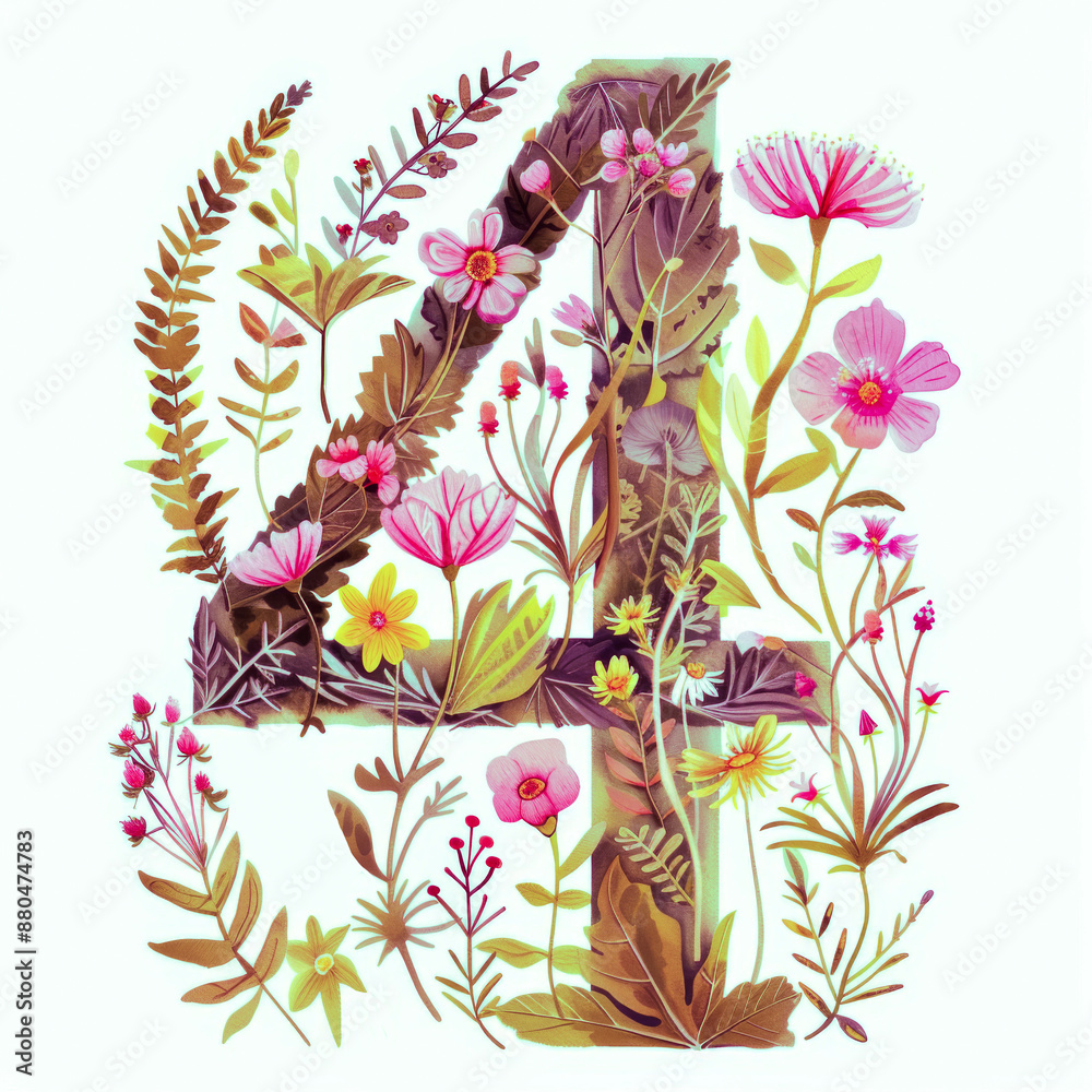 Watercolor Number Four with Nature Background. Violet Purple Eucalyptus ...