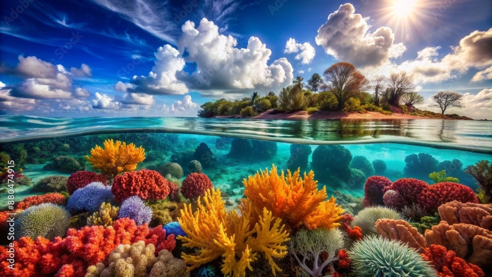 Vibrant turquoise water surrounds colorful coral reefs and swaying sea ...